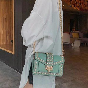 Bags | Teal Gold Crystal Embellished Mini Purse | Poshmark